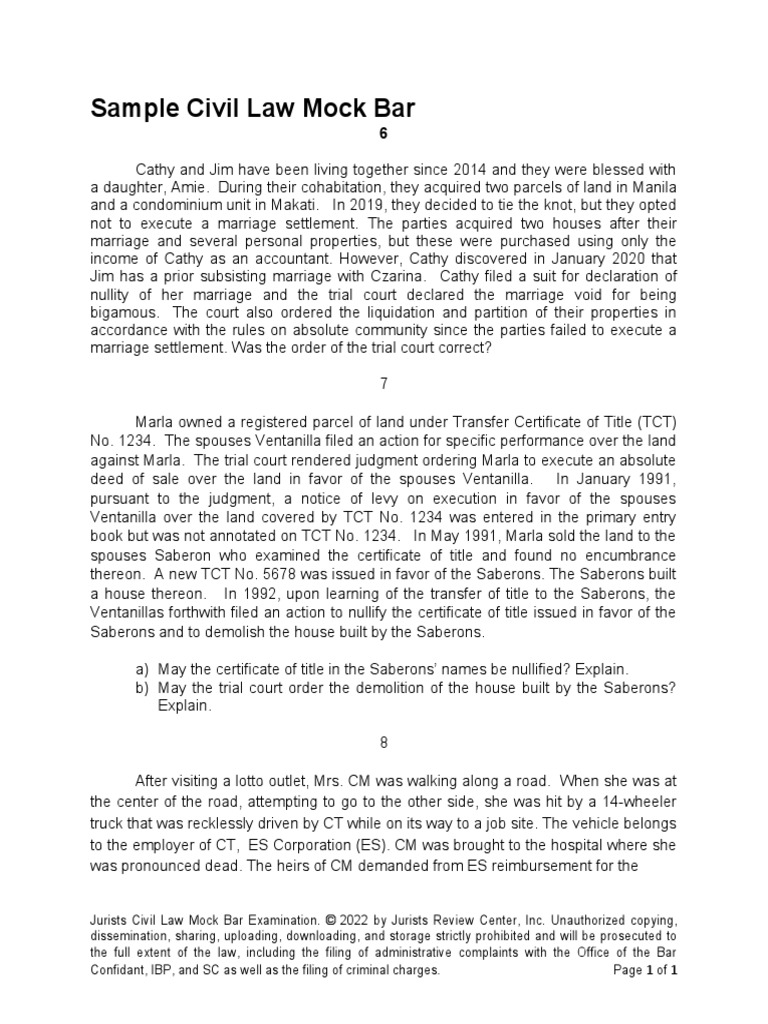 Sample Mock Bar Questions Civ | PDF | Justice | Crime & Violence