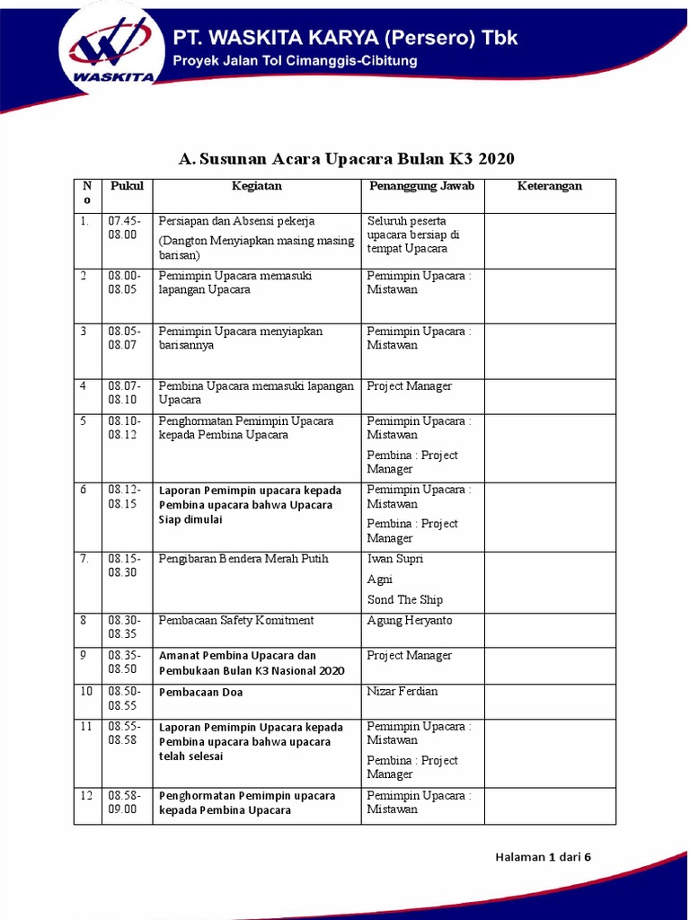 sUSUNAN aCARA bULAN K3 2020 | PDF