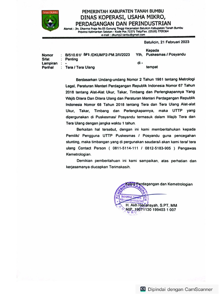 Surat Pemberitahuan Tera Timbangan | PDF