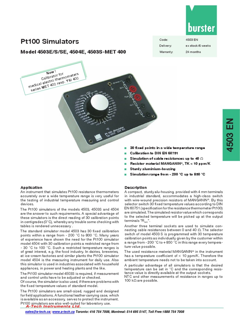 Bruster PT 100 Simulator Type 4503 | PDF | Calibration | Electrical ...