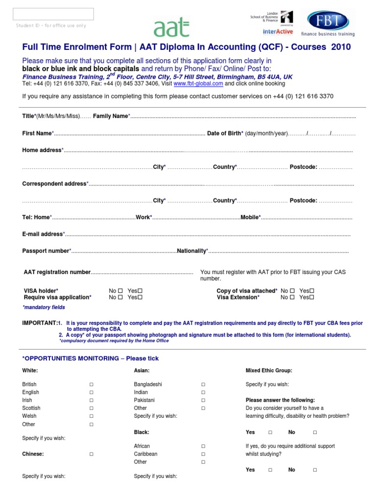 FBT - AAT QCF Enrolment Form 2010 International - 180810 | PDF | Travel ...