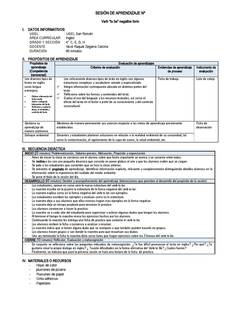 SESIÓN DE APRENDIZAJE #Be Negativo 4°CEDH | PDF | Evaluación | Aprendizaje