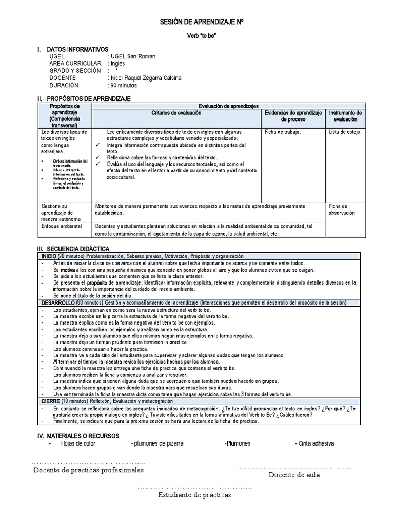 SESIÓN DE APRENDIZAJE #Verb To Be Negativo | PDF | Evaluación | Aprendizaje
