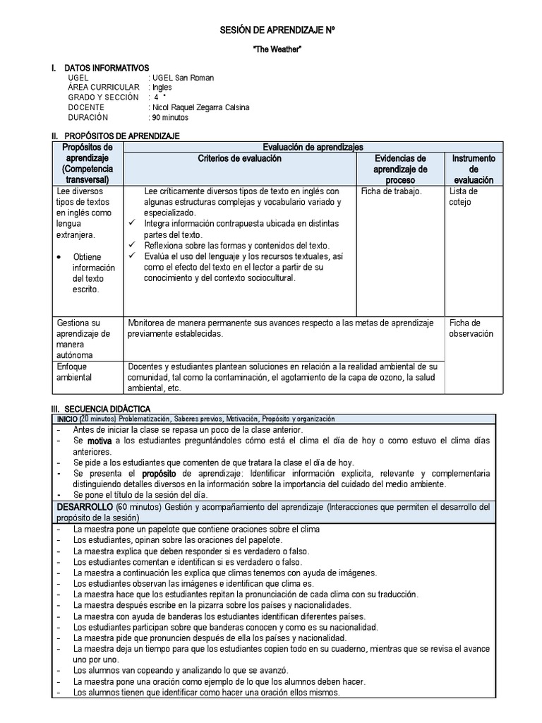 SESIÓN DE APRENDIZAJE #The Weather | PDF | Evaluación | Aprendizaje