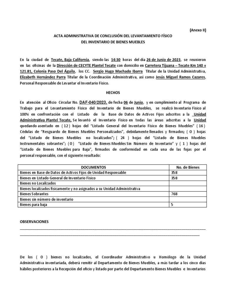 Acta de Levantamiento de Inventario Físico | PDF