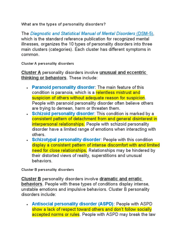 Types of Personality Disorders | PDF | Personality Disorder | Mental ...