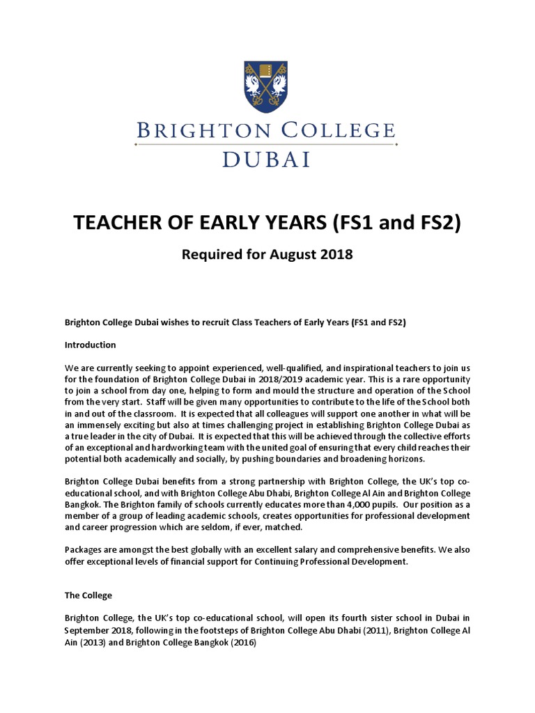 Teacher of Early Years FS1 and FS2 - Job Advert | PDF | Teachers ...