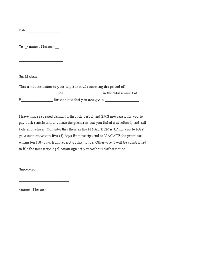 Final Demand for Unpaid Rent | PDF