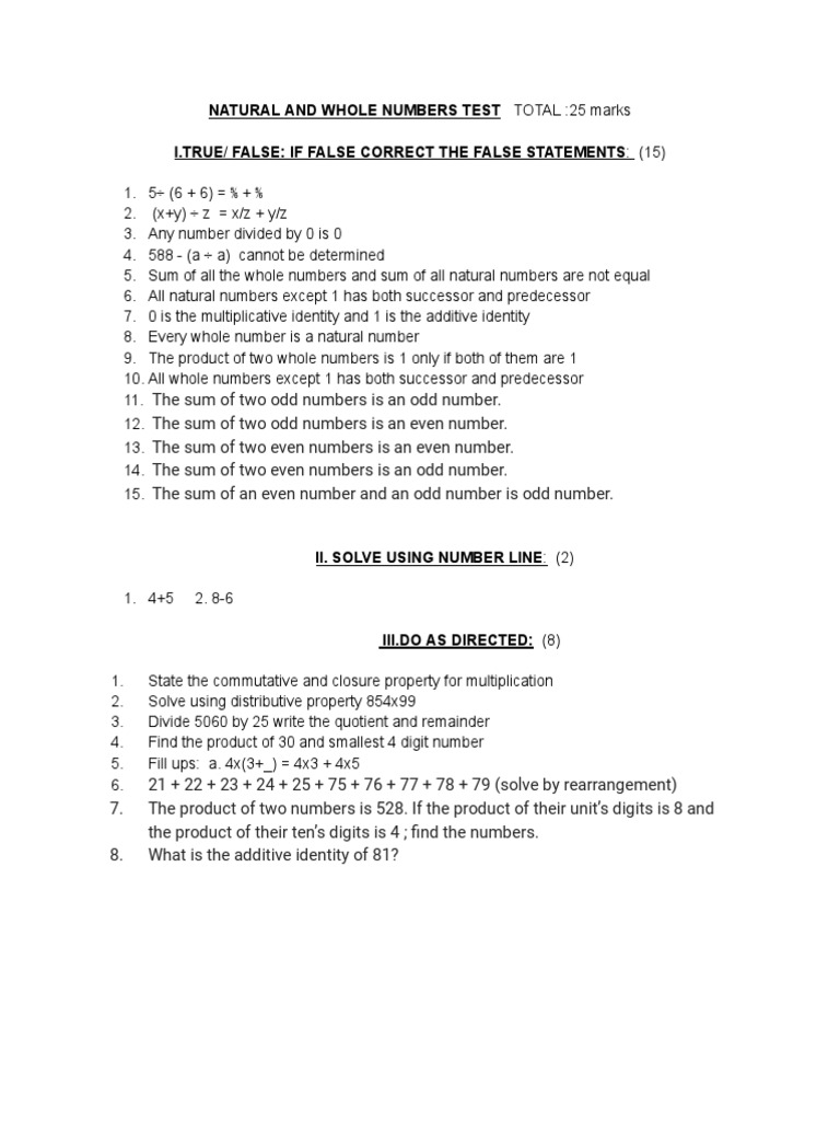 Natural and Whole Numbers Test - 1 | PDF