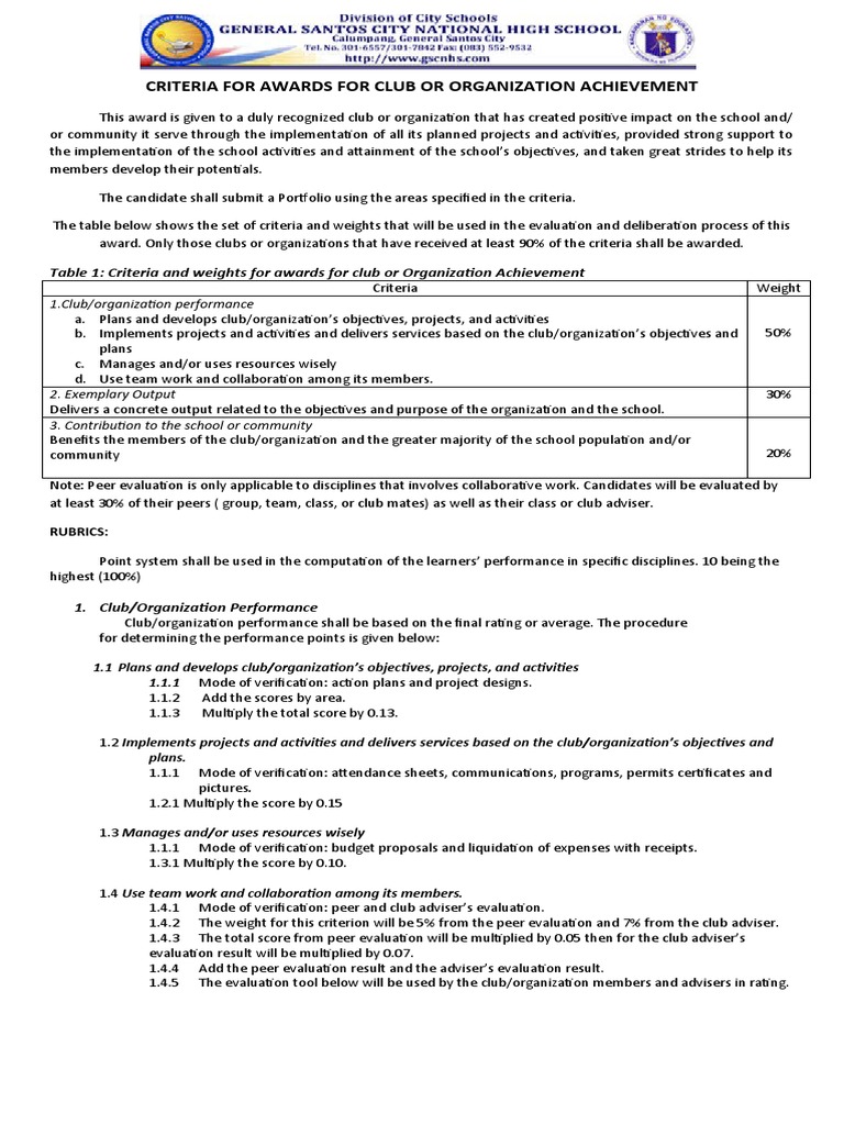 Criteria For Awards For Club or Organization Achievement | PDF ...