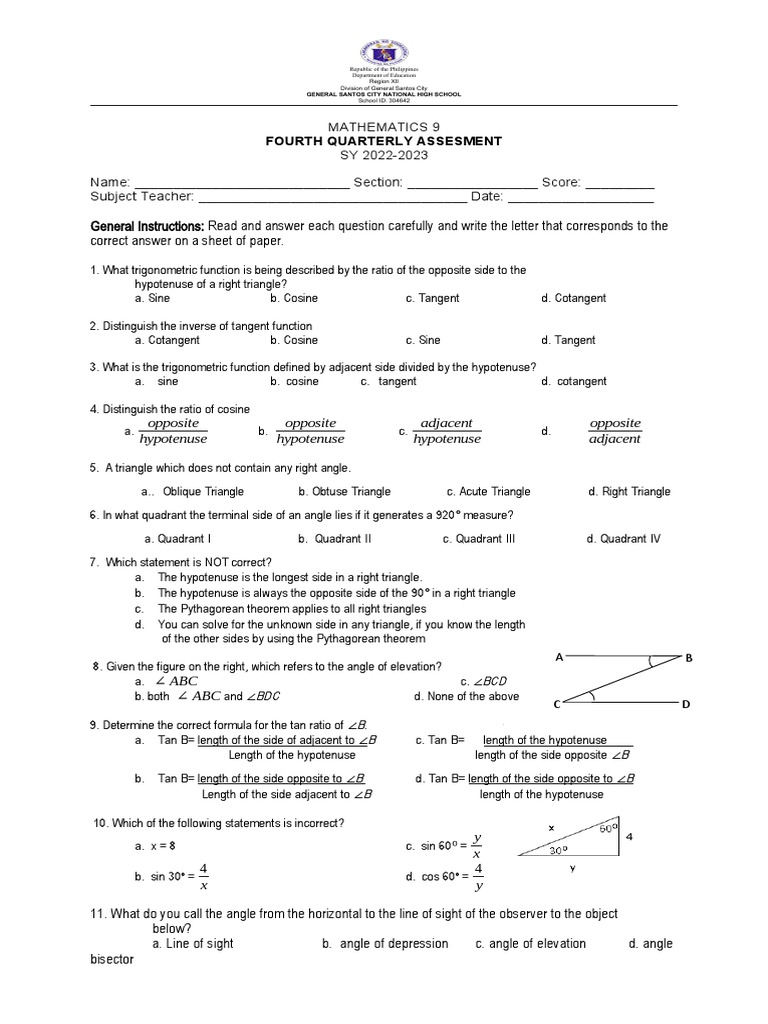 Trigonometry Assessment for Grade 9 | PDF | Trigonometric Functions ...