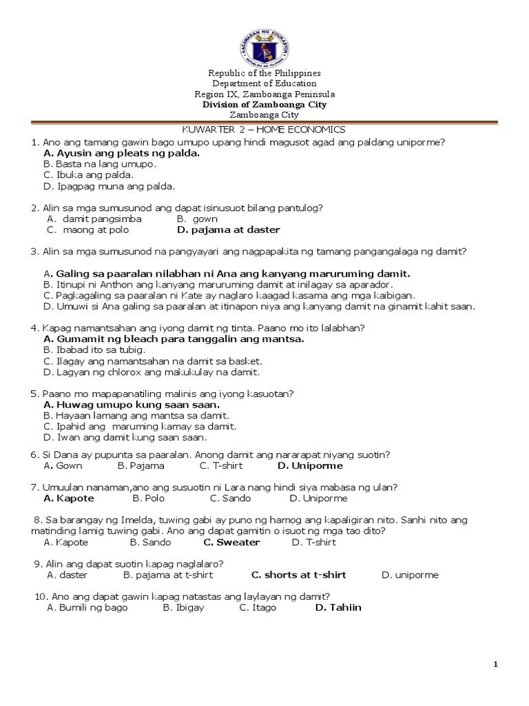 Epp4 Q2 Test Questions Home Economics | PDF