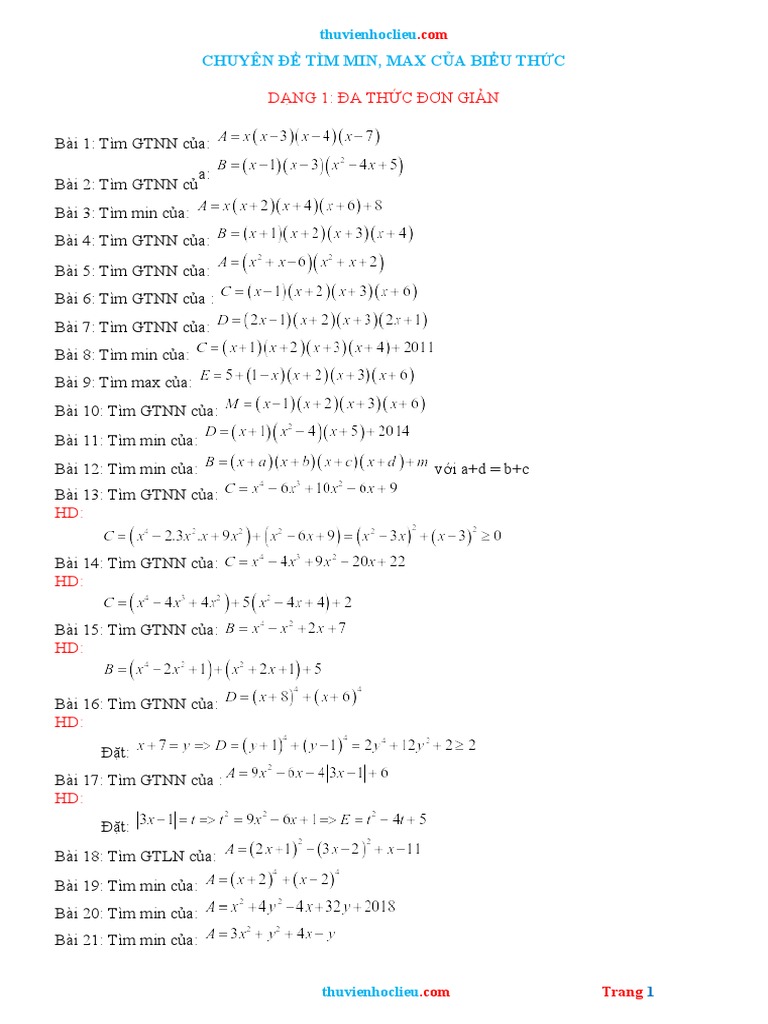 Chuyen de Tim Min Max BDHSG Toan 8 | PDF