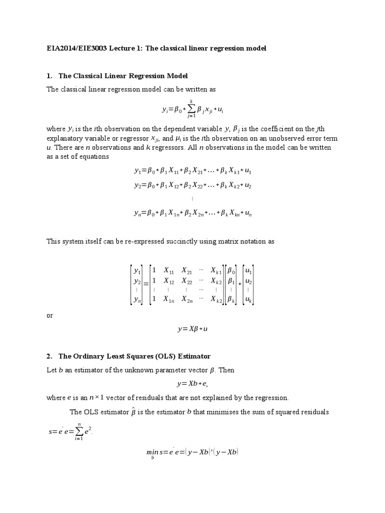 The Classical Linear Regression and Estimator | PDF | Ordinary Least Squares | Linear Regression