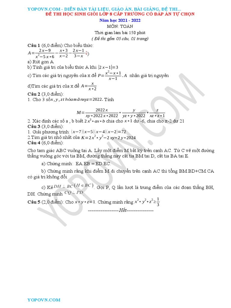 De Thi Cho HSG Toan 8 Cap Huyen 2021 2022 Co Dap An | PDF