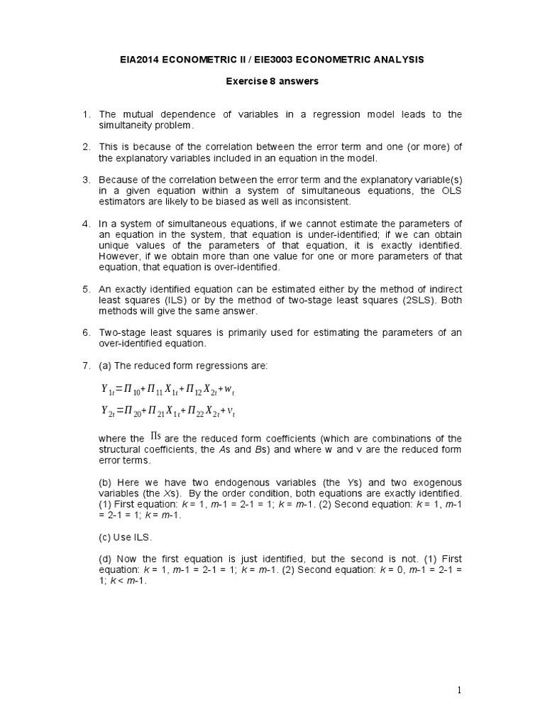 Exercise 8 Answers | PDF | Ordinary Least Squares | Mathematical And Quantitative Methods ...
