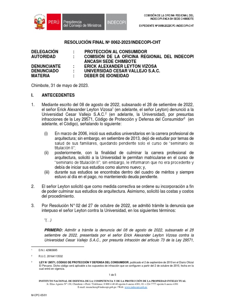 Res 0062-2023-Indecopi-Cht (F) | PDF | Protección al Consumidor | Justicia