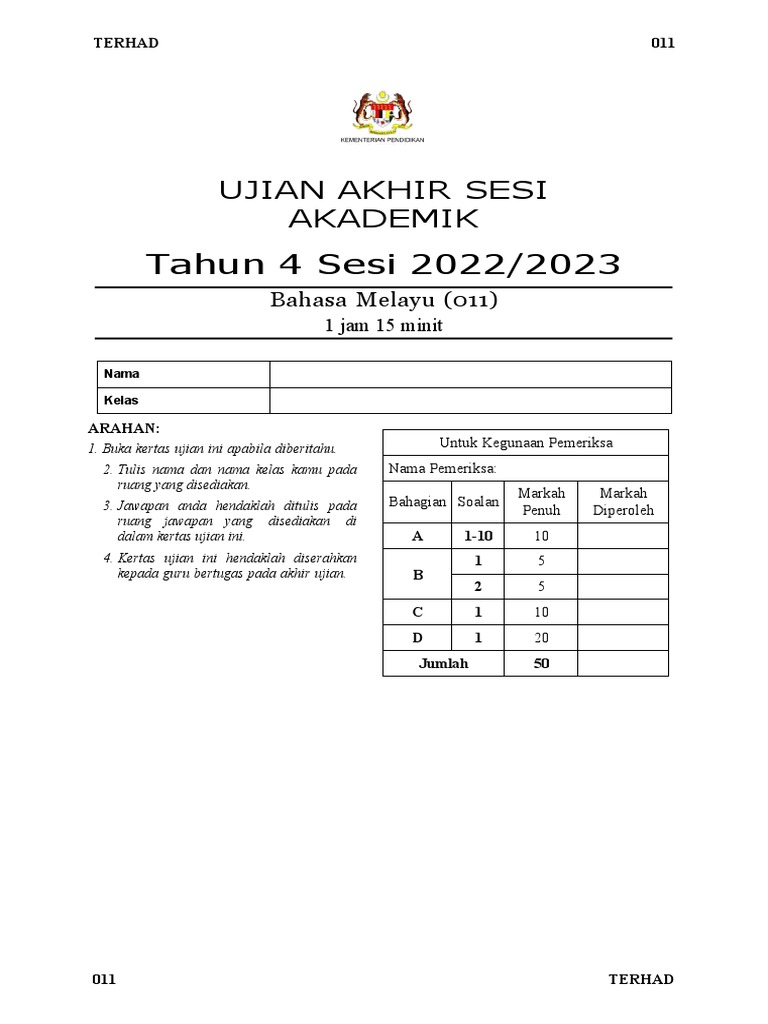 Ujian Bahasa Melayu Tahun 4 2022/2023 | PDF