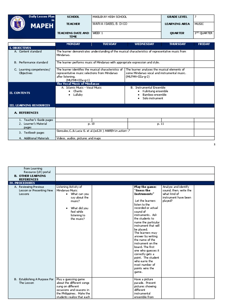 3q Mapeh 7 DLP Sample | PDF | Learning | Teachers
