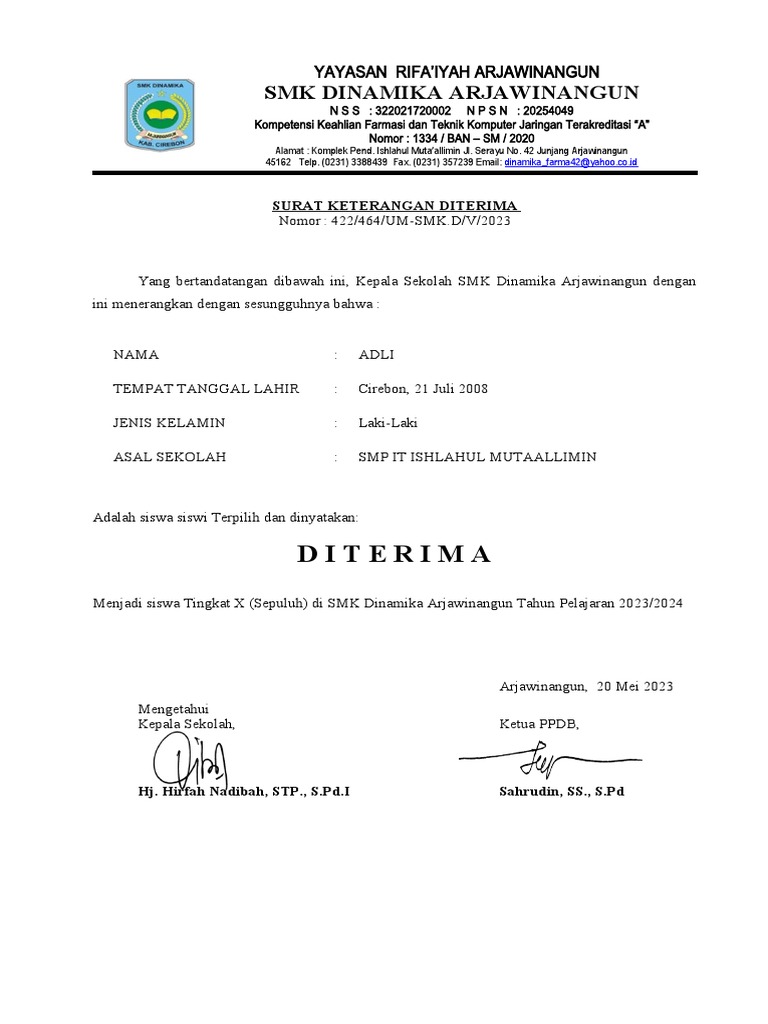 FORMAT SURAT KET. DITERIMA | PDF