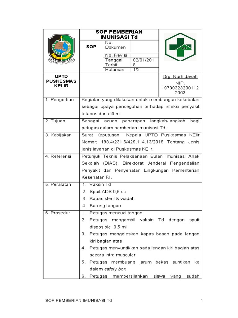 SOP PEMBERIAN IMUNISASI TD | PDF