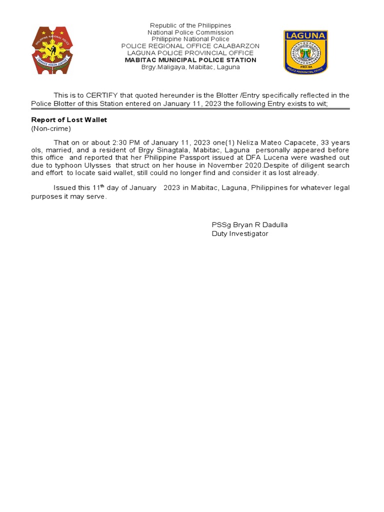 Lost Wallet Police Report Sample | PDF