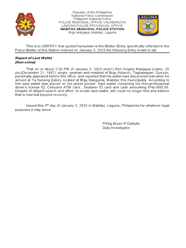 Police Report for Lost Wallet | PDF