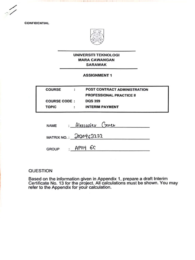 Alessazier Gener - 2020463232 - DQS 359 Tutorial Interim Payment Certificate | PDF