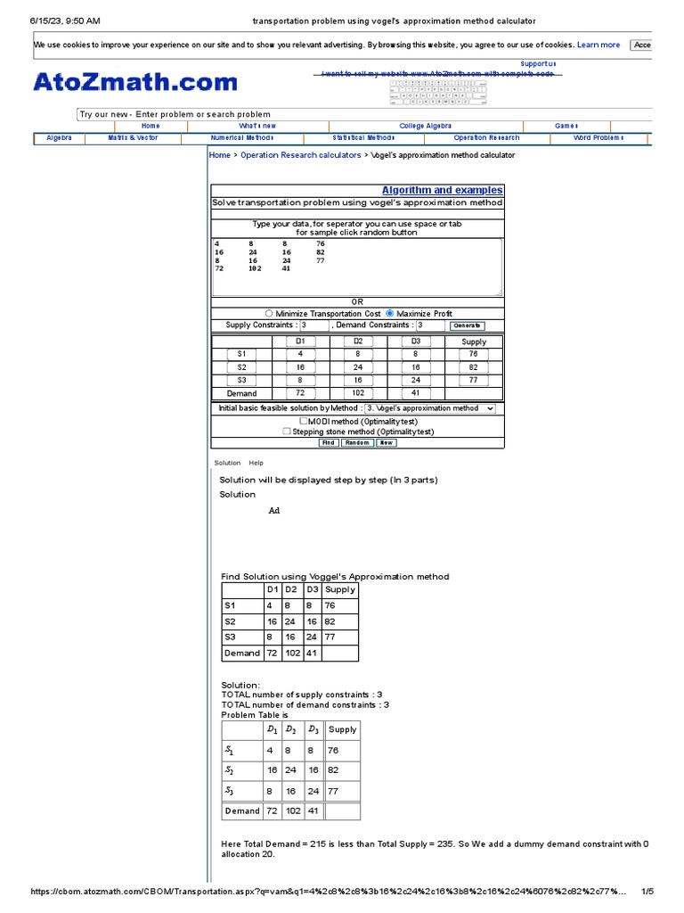 Transportation Problem Using Vogel's Approximation Method Calculator - 2 | PDF | Mathematical ...