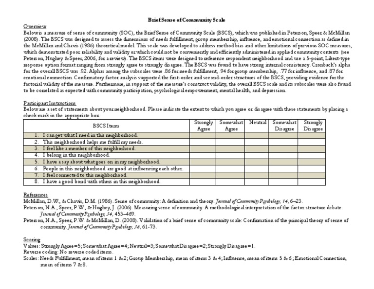 Brief Sense of Community Scale - Overview and Participant Instructions ...