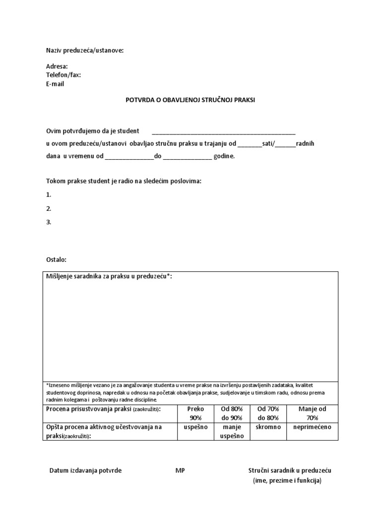 Potvrda o Obavljenoj Praksi | PDF