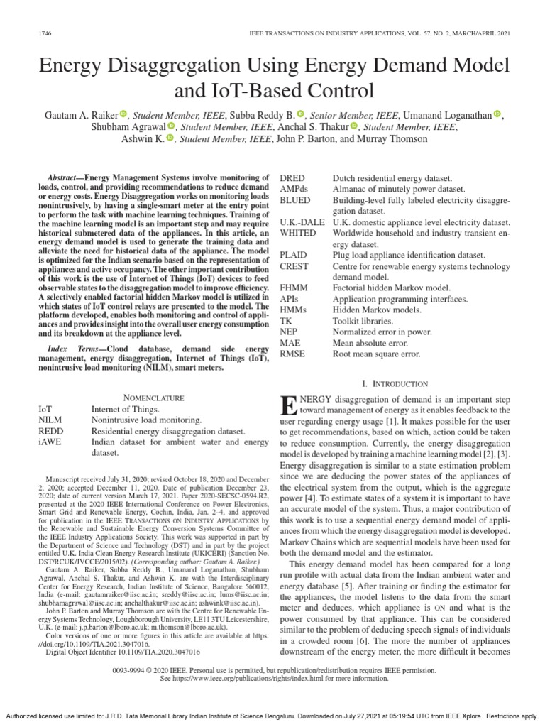 Energy Disaggregation Using Energy Demand Model And Iot Based Control Pdf Internet Of Things
