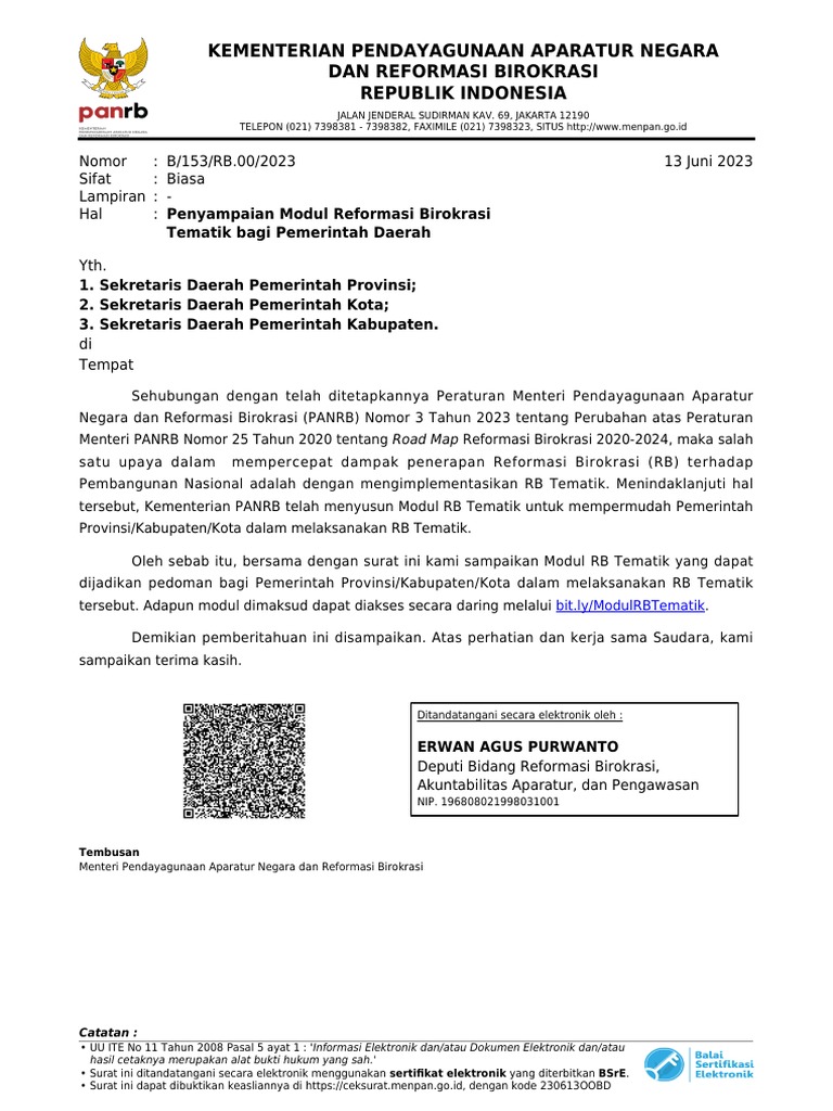 B 153 RB.00 2020 Tentang Penyampaian Modul RB Tematik Bagi Pemerintah Daerah | PDF | Bisnis ...