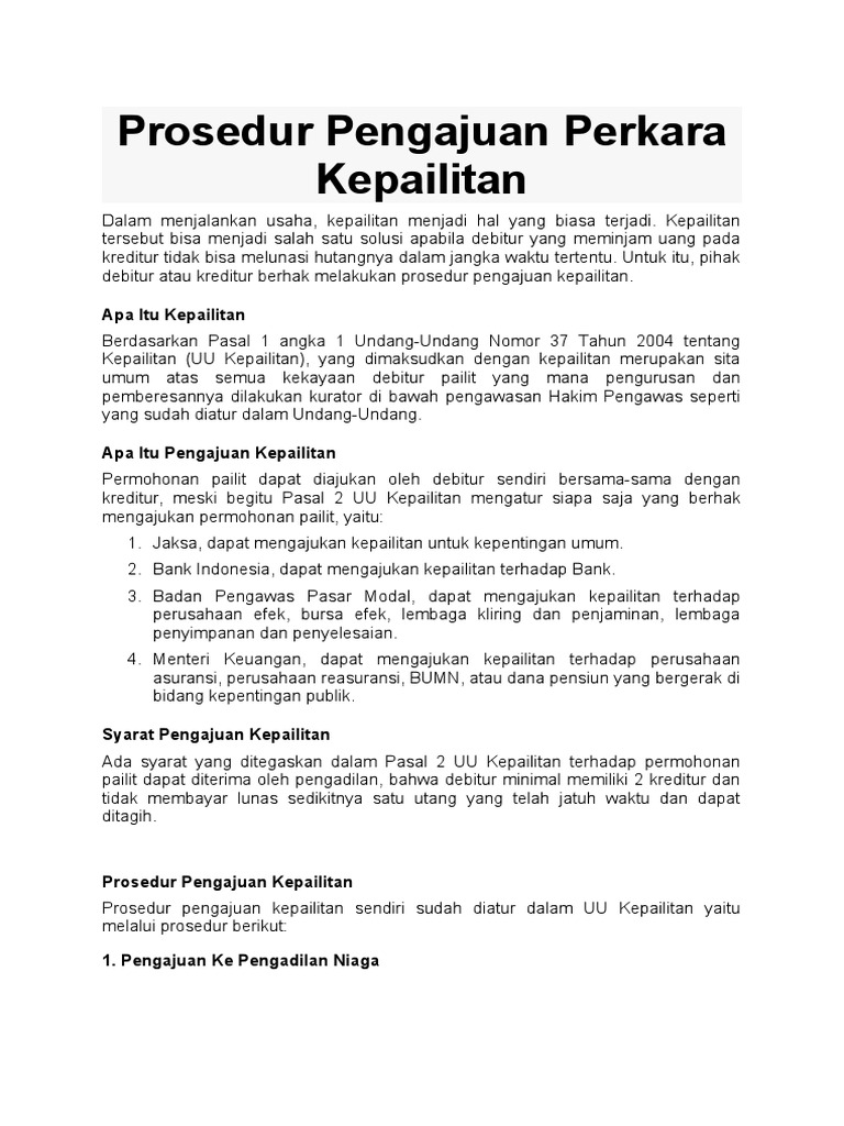 Prosedur Pengajuan Kepailitan | PDF