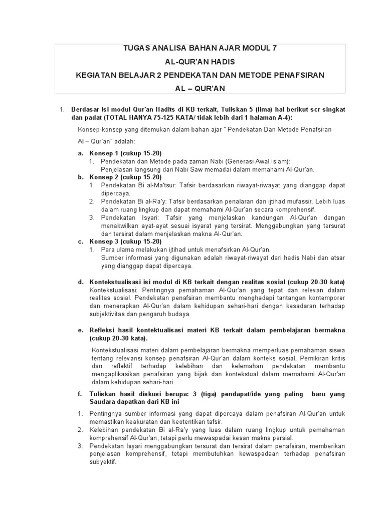 analisa bahan ajar modul 7 Qur Dis KB 2 Pendekatan Dan Metode Penafsiran Al Qur'an | PDF