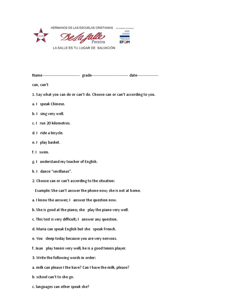 Can and Can't Practice Exercises | PDF