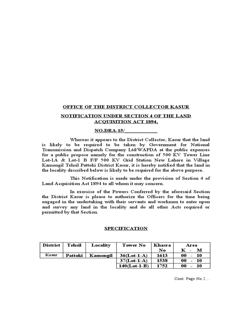 Land Acquisition Notification for 500 KV Tower | PDF | Lahore | Pakistan