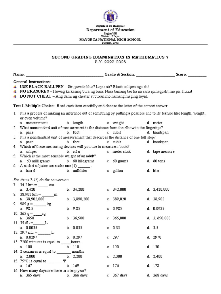 Math 7 2nd Grading Exam | PDF | Exponentiation | Variable (Mathematics)