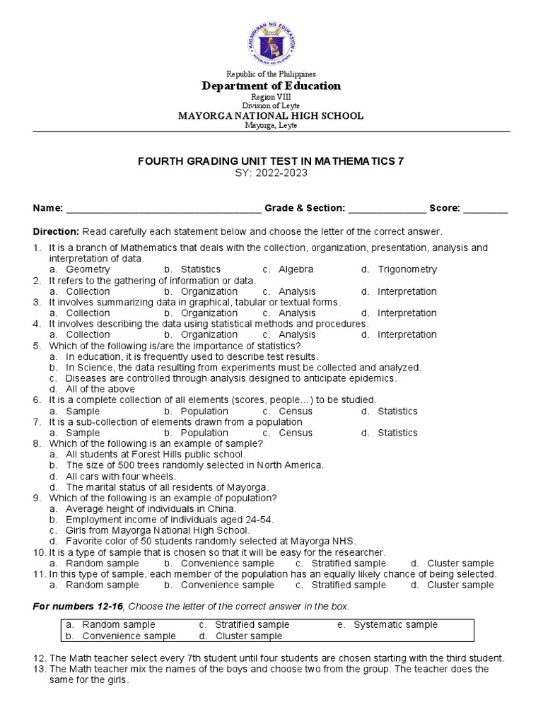 Grade 7 Math 4th Quarter Test | PDF | Level Of Measurement | Sampling ...