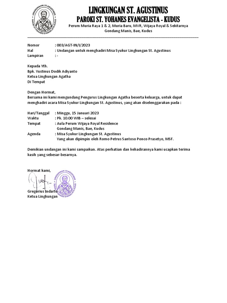 Undangan Misa Syukur St. Agustinus | PDF