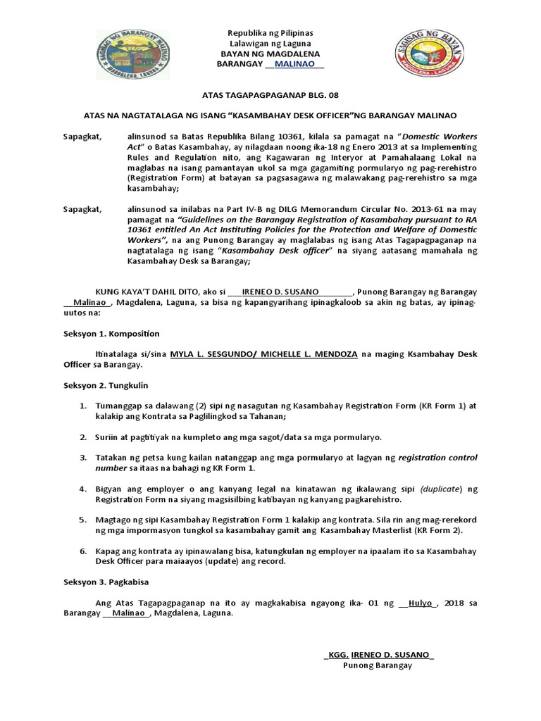 Executive Order Kasambahay DEsk Officer | PDF