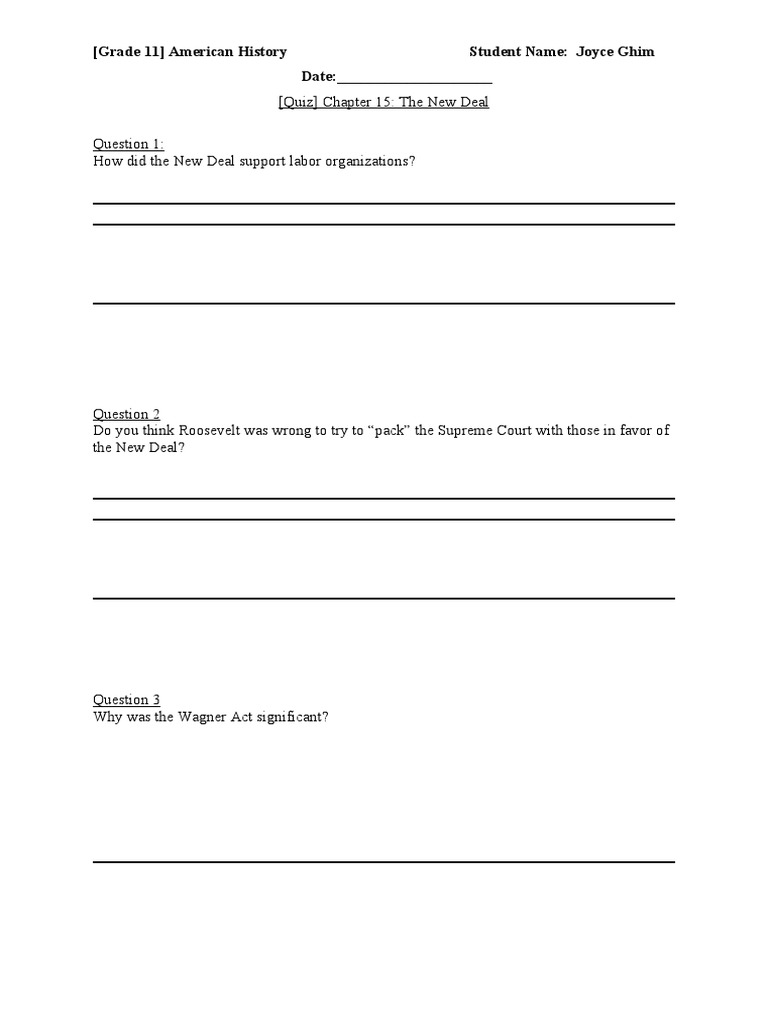 American History Chapter 15 Quiz The New Deal | PDF