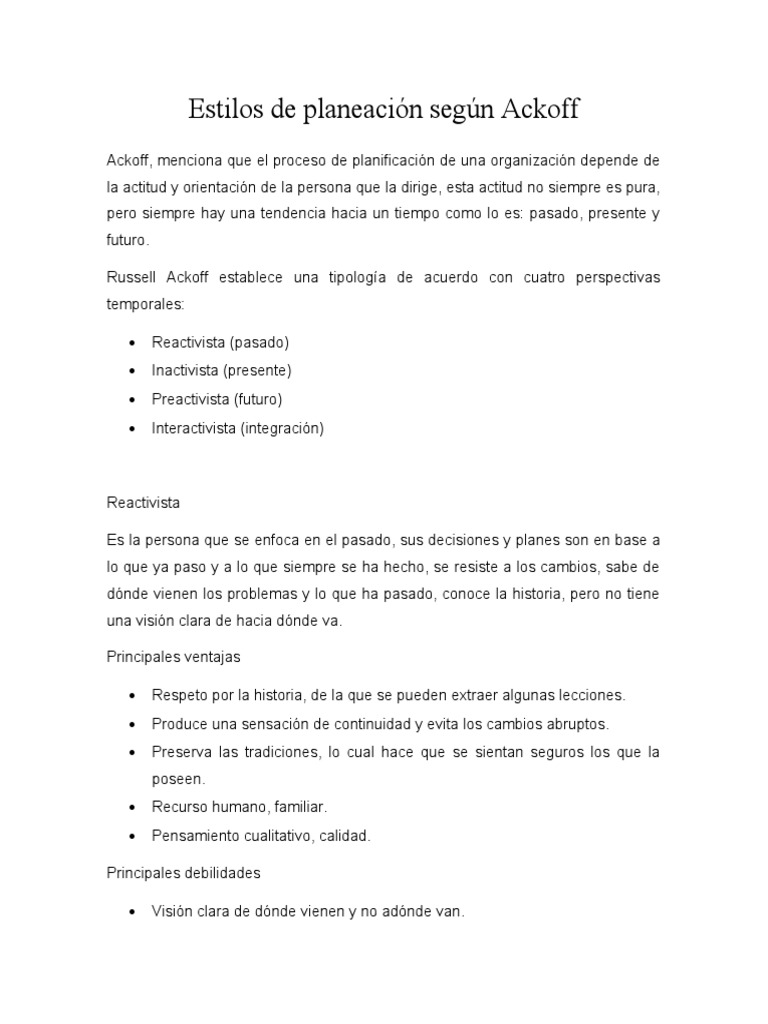 Estilos de Planeación Según Ackoff | Descargar gratis PDF | Planificación