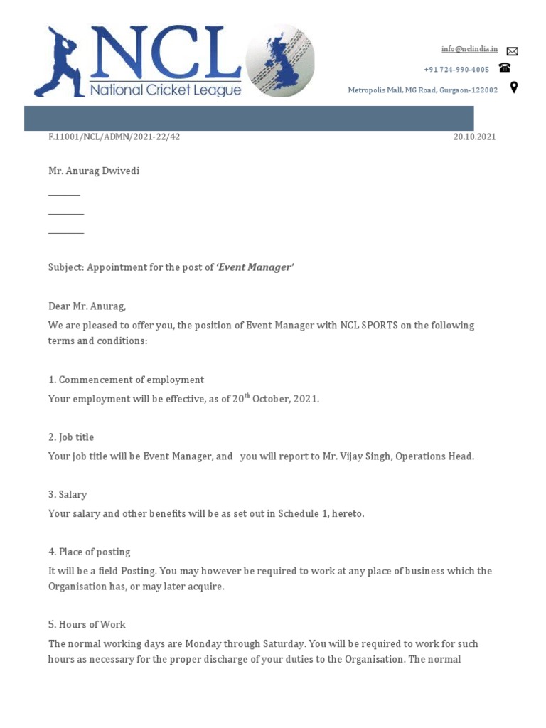 Appointment Letter NCL | PDF | Confidentiality | Employment