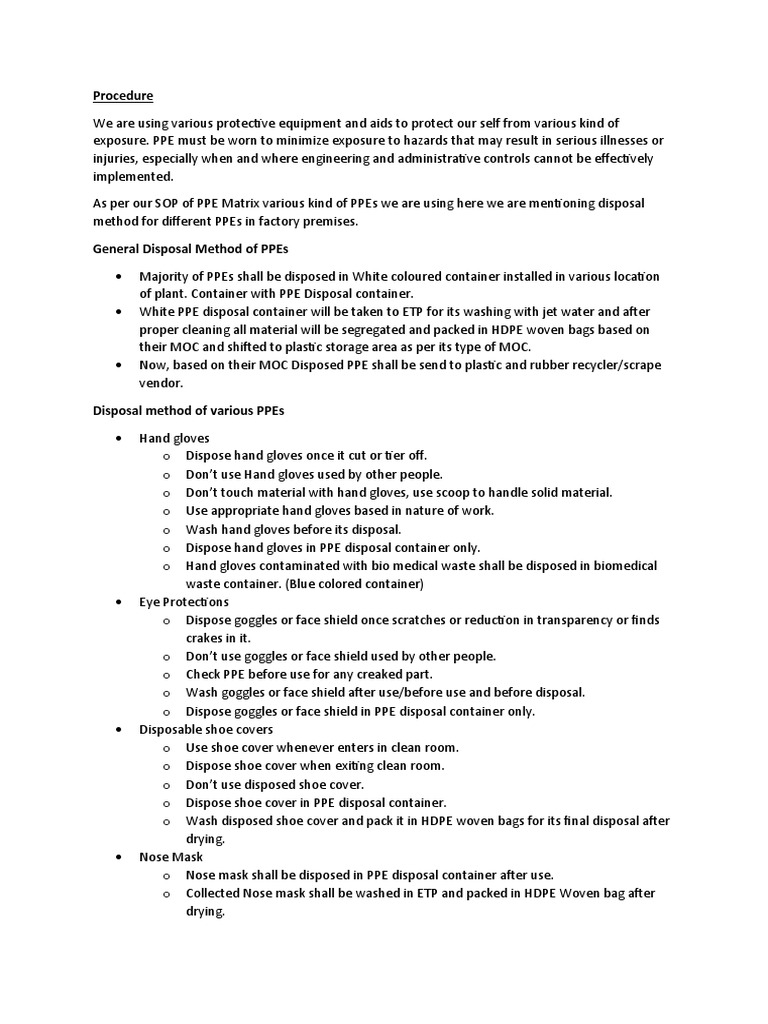 PPE Disposal SOP | Download Free PDF | Personal Protective Equipment ...