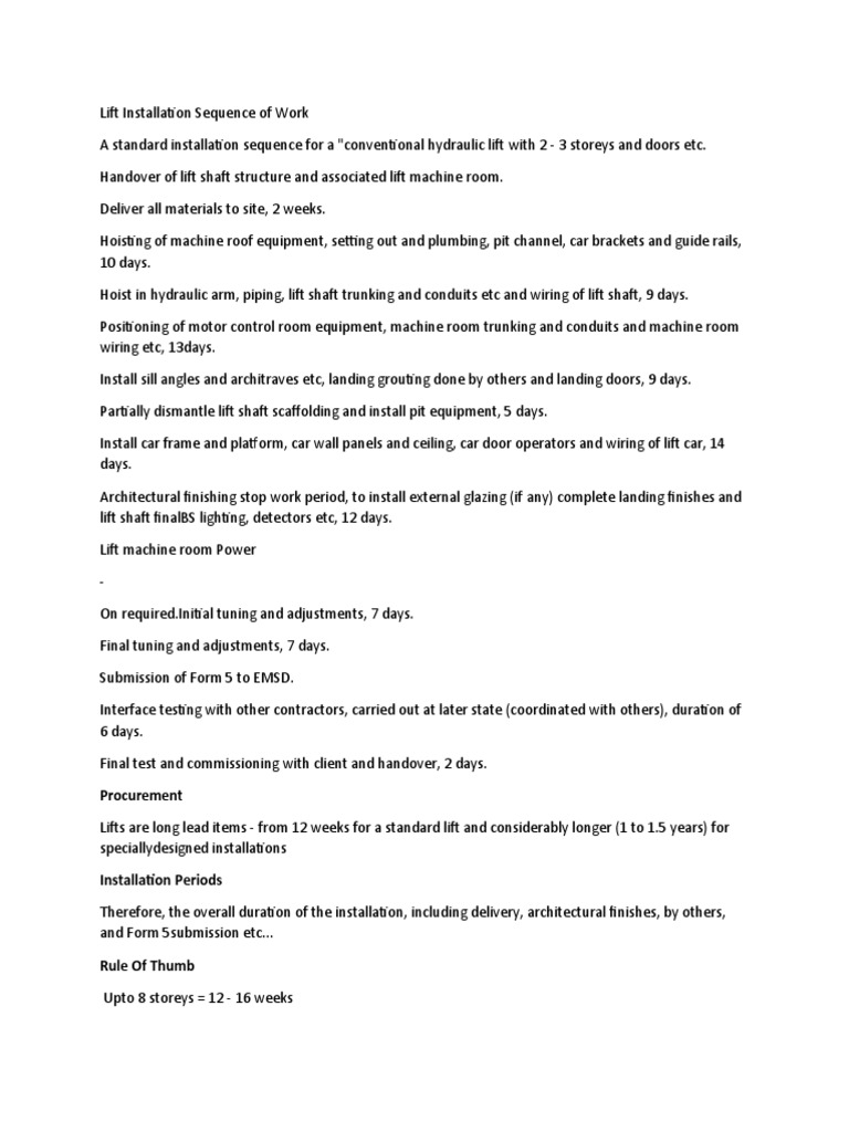 Hydraulic Lift Installation Sequence | PDF | Technology & Engineering