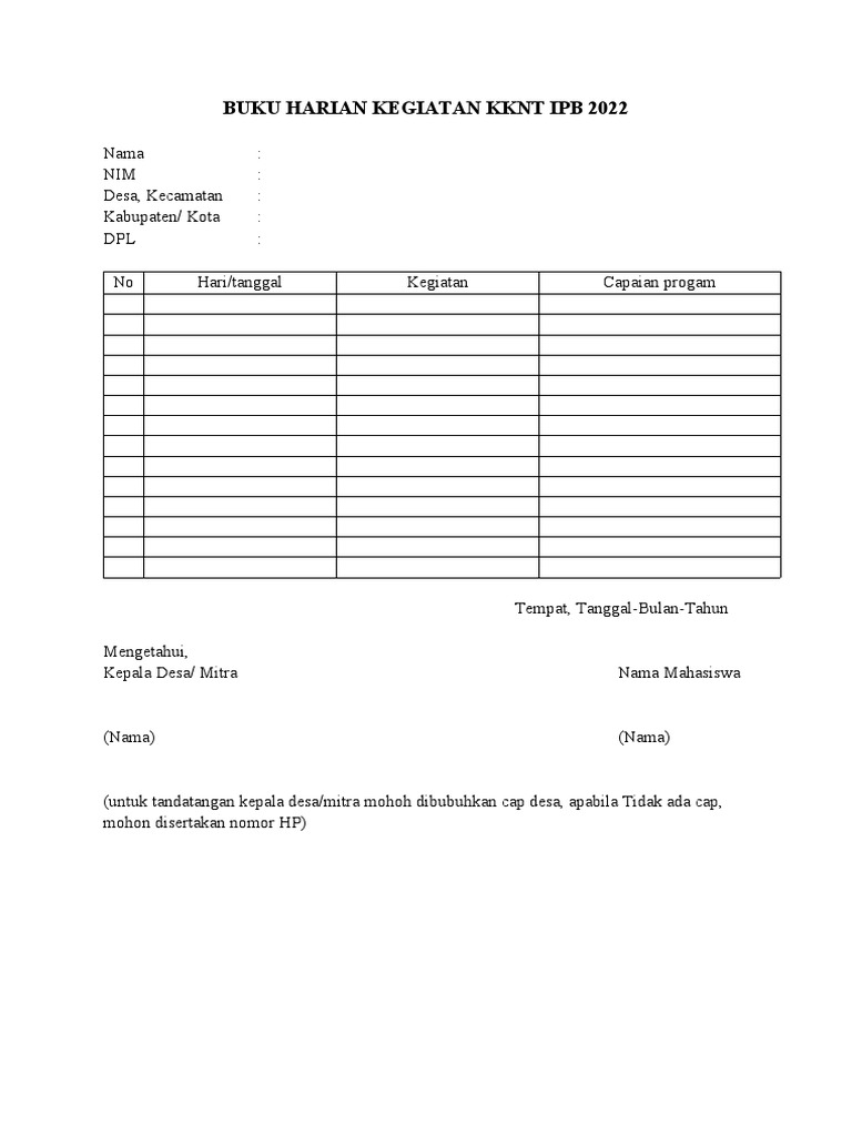 Format Logbook Kegiatan Kknt Ipb 2022 (Final) | PDF