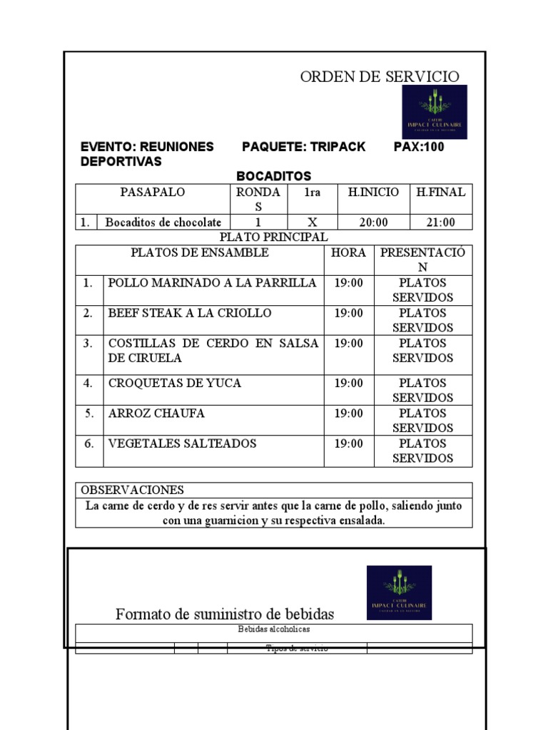 Orden de Servicio | PDF | Cocina occidental | Alimentos