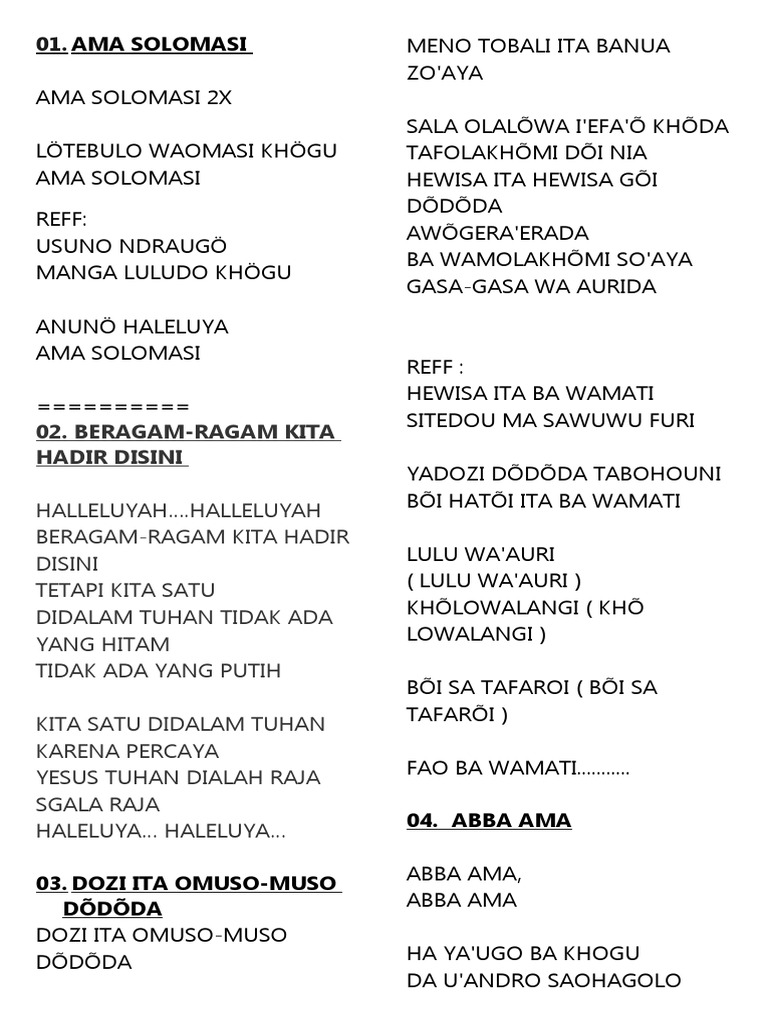 Lirik Lagu Rohani Nias dan Batak | PDF