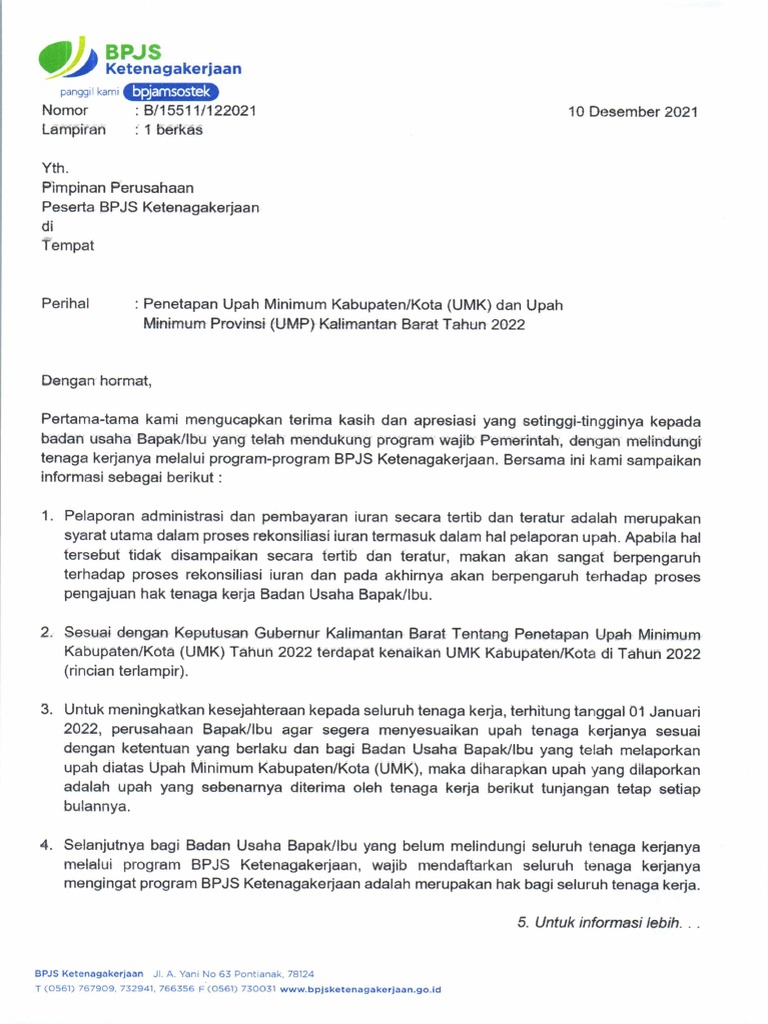 UMK Pontianak 2022 dan UMP Kalbar | PDF